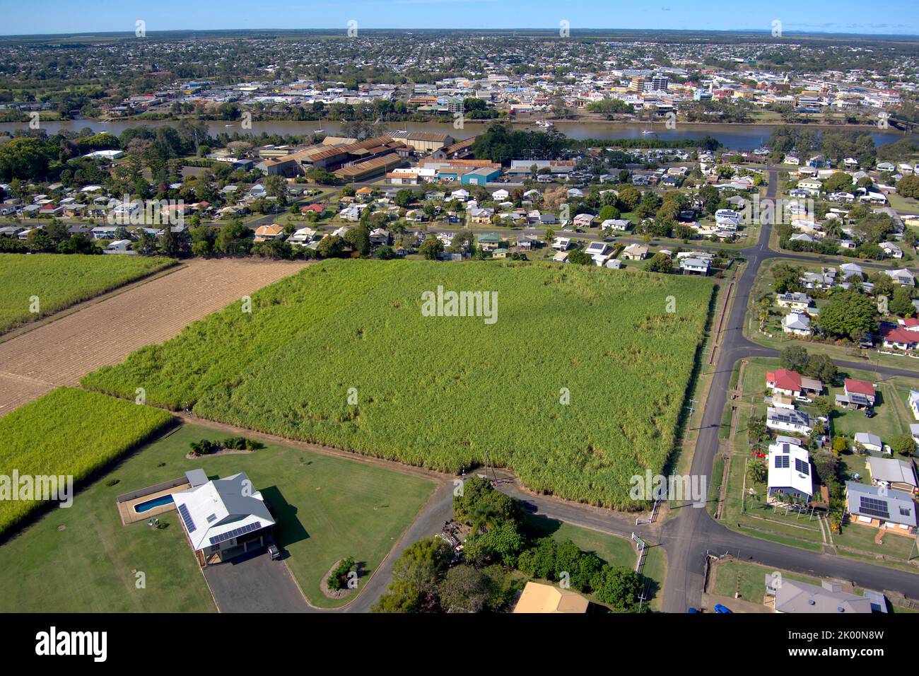 Aerial of sugar cane almost growing in the CBD of Bundaberg Queensland ...
