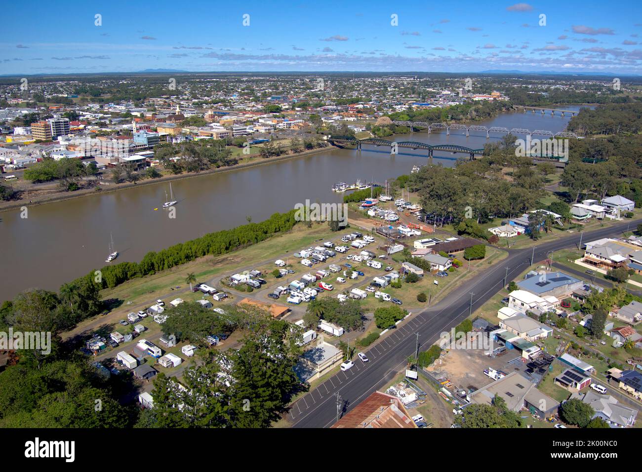 Aerial of Riverside Caravan Park on the banks of the Burnett River ...