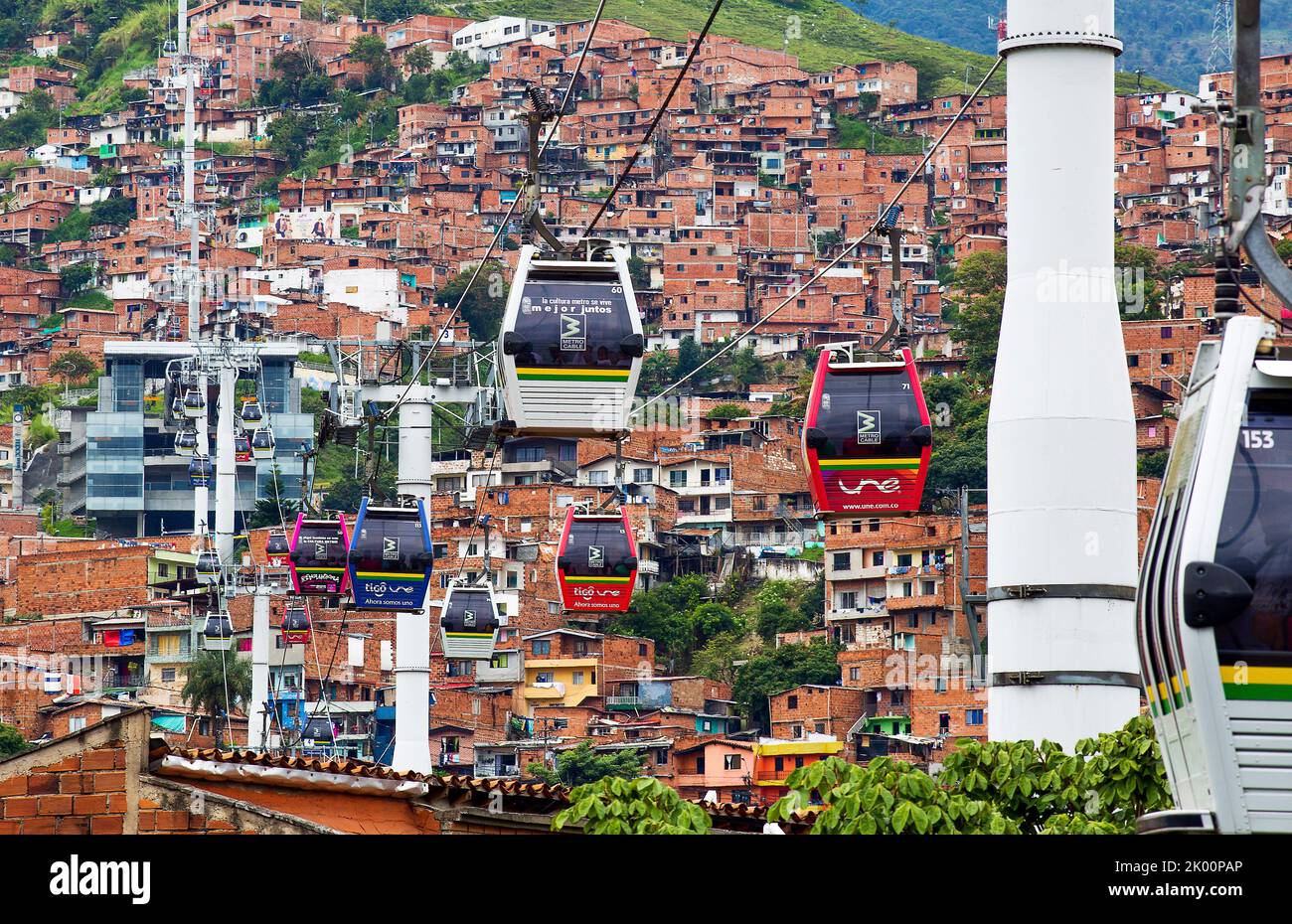 Colombia, Medellin,Cable transport with a gondola is one of the social ...