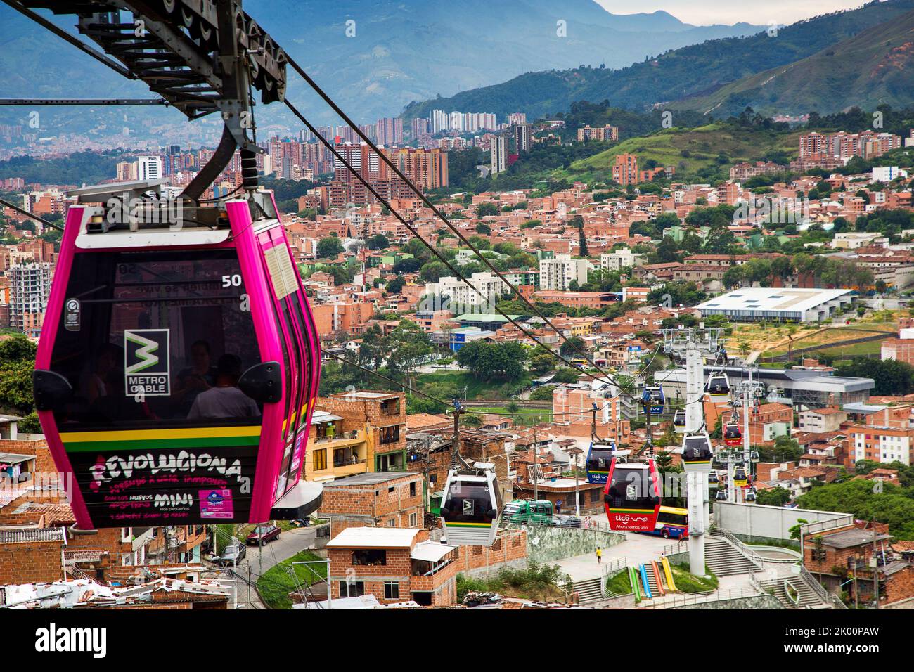 Colombia, Medellin,Cable transport with a gondola is one of the social ...