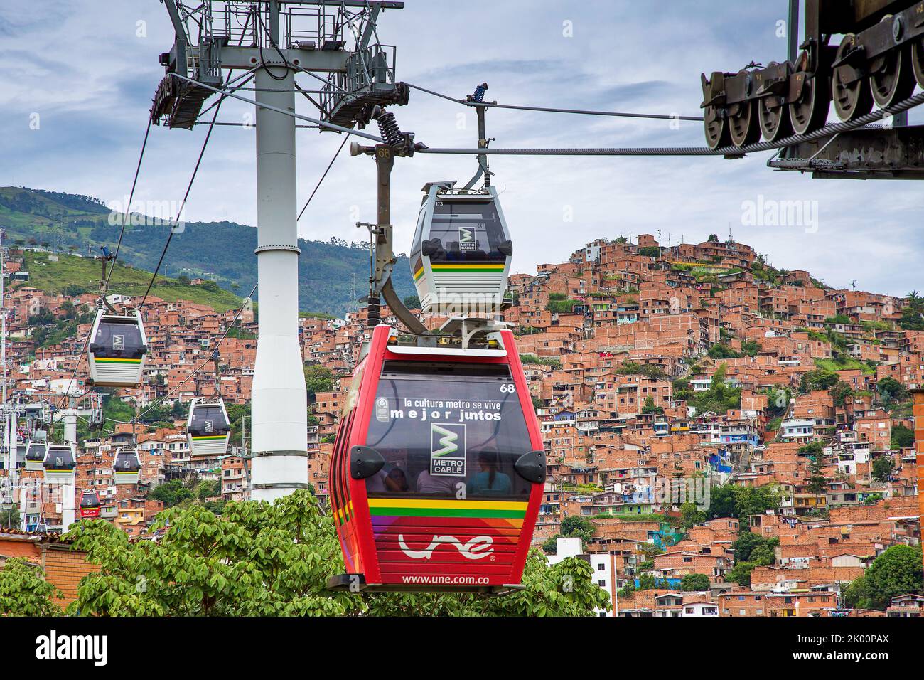 Colombia, Medellin,Cable transport with a gondola is one of the social ...