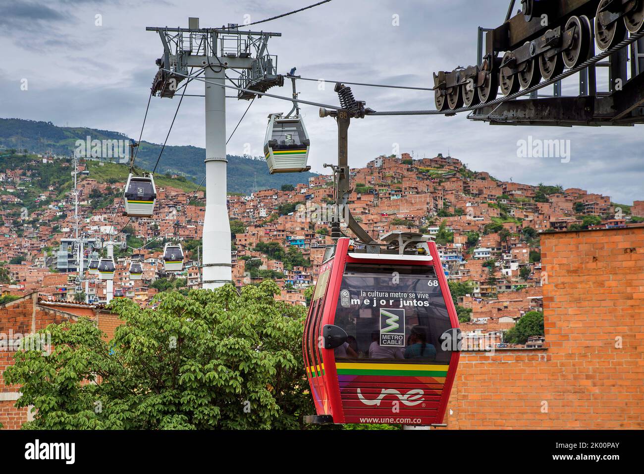Colombia, Medellin,Cable transport with a gondola is one of the social ...