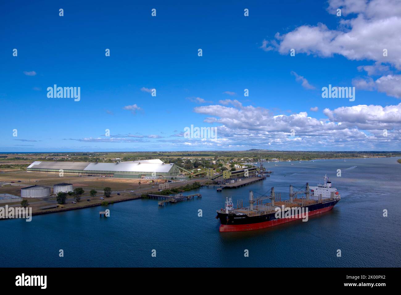 Aerial of bulk carrier Nanaimo Bay departing from the Sugar Terminal on ...