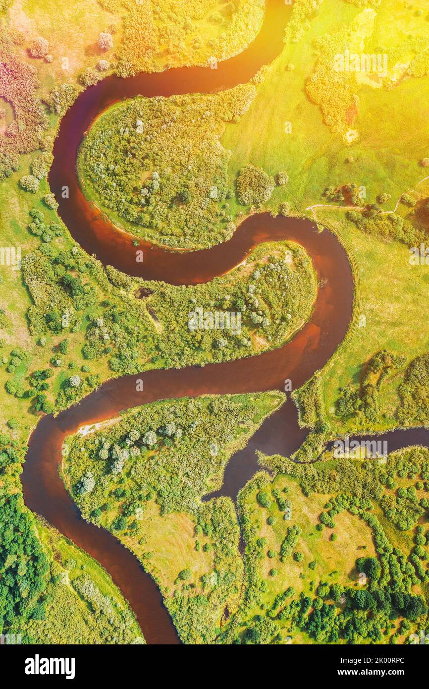 Aerial View Of Summer Curved River Landscape. Top View Of Beautiful ...