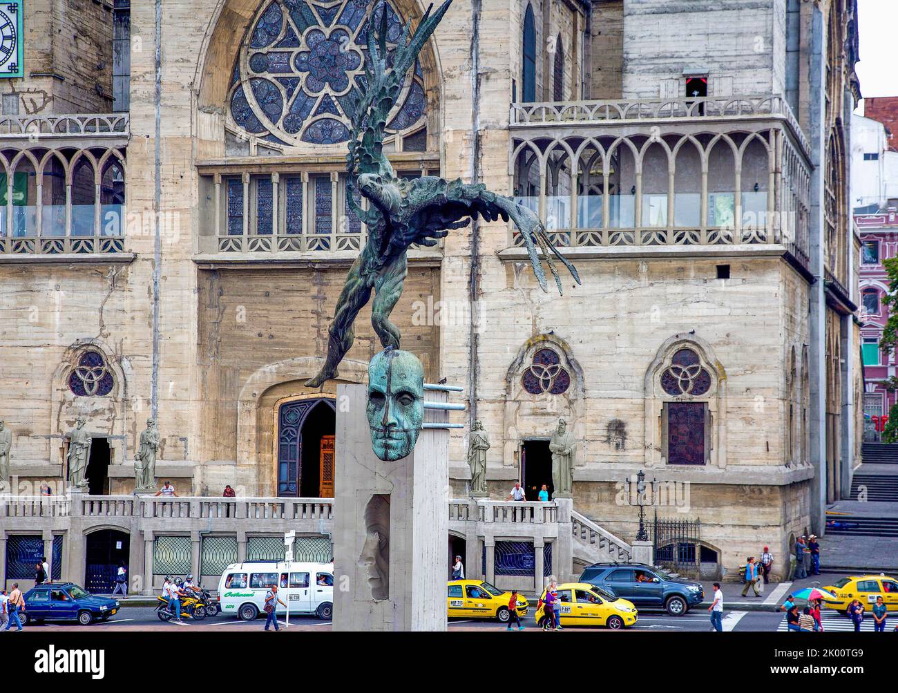 Colombia, Manizales, In front of the Rosario cathedral stands a bronze ...