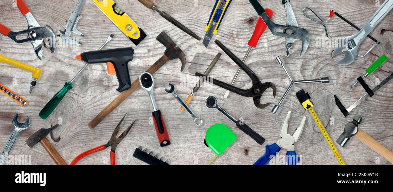 Topview different work tools hi-res stock photography and images - Alamy