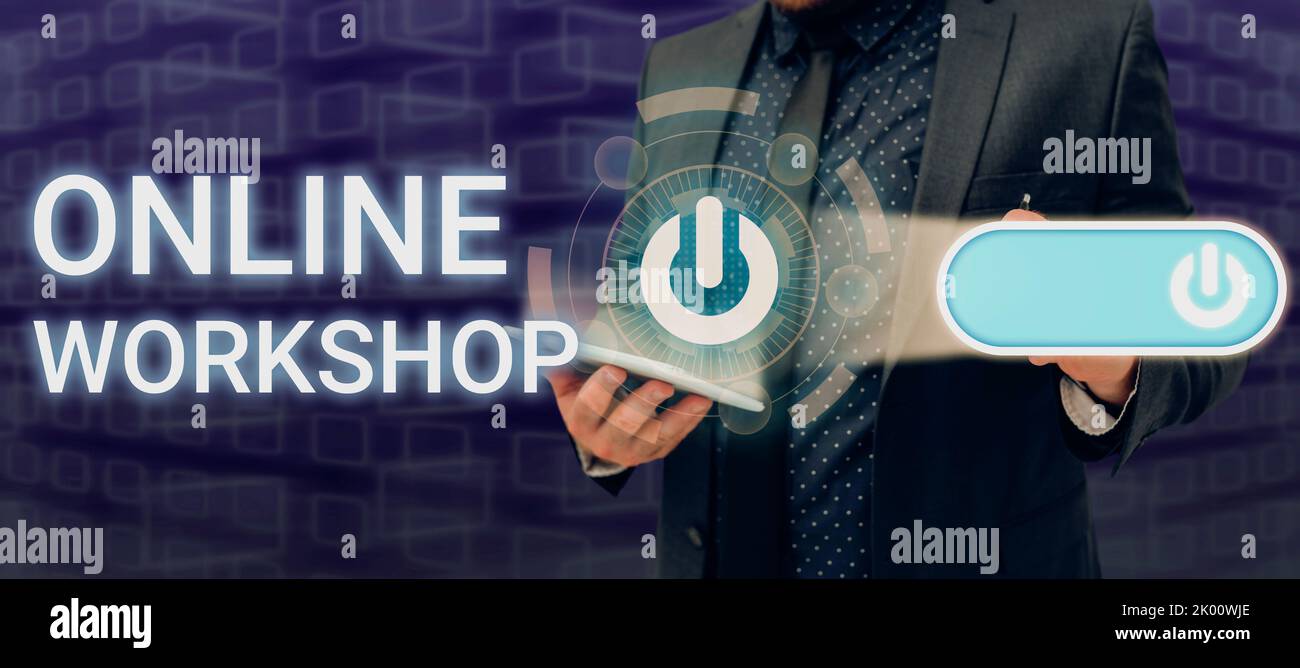 Text caption presenting Online Workshopshows of goods and commodities ...