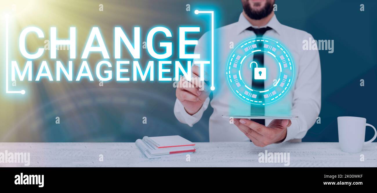 Text sign showing Change ManagementReplacement of leadership in an ...