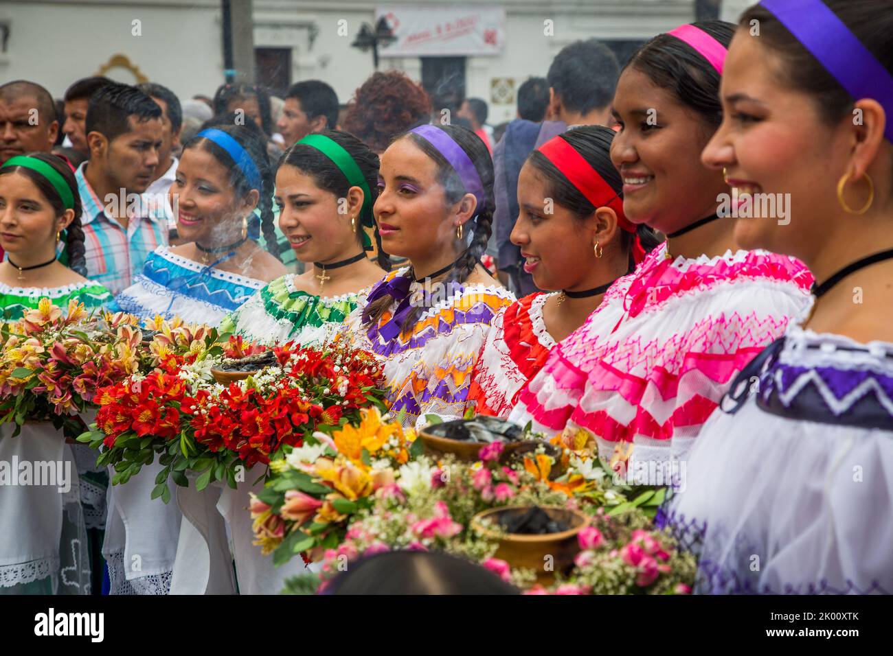 Colombia, Papayan,a week before may 1, women bring the statue of christ ...
