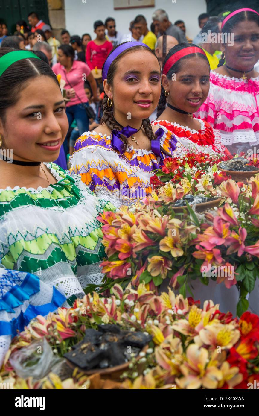Colombia, Papayan,a week before may 1, women bring the statue of christ ...