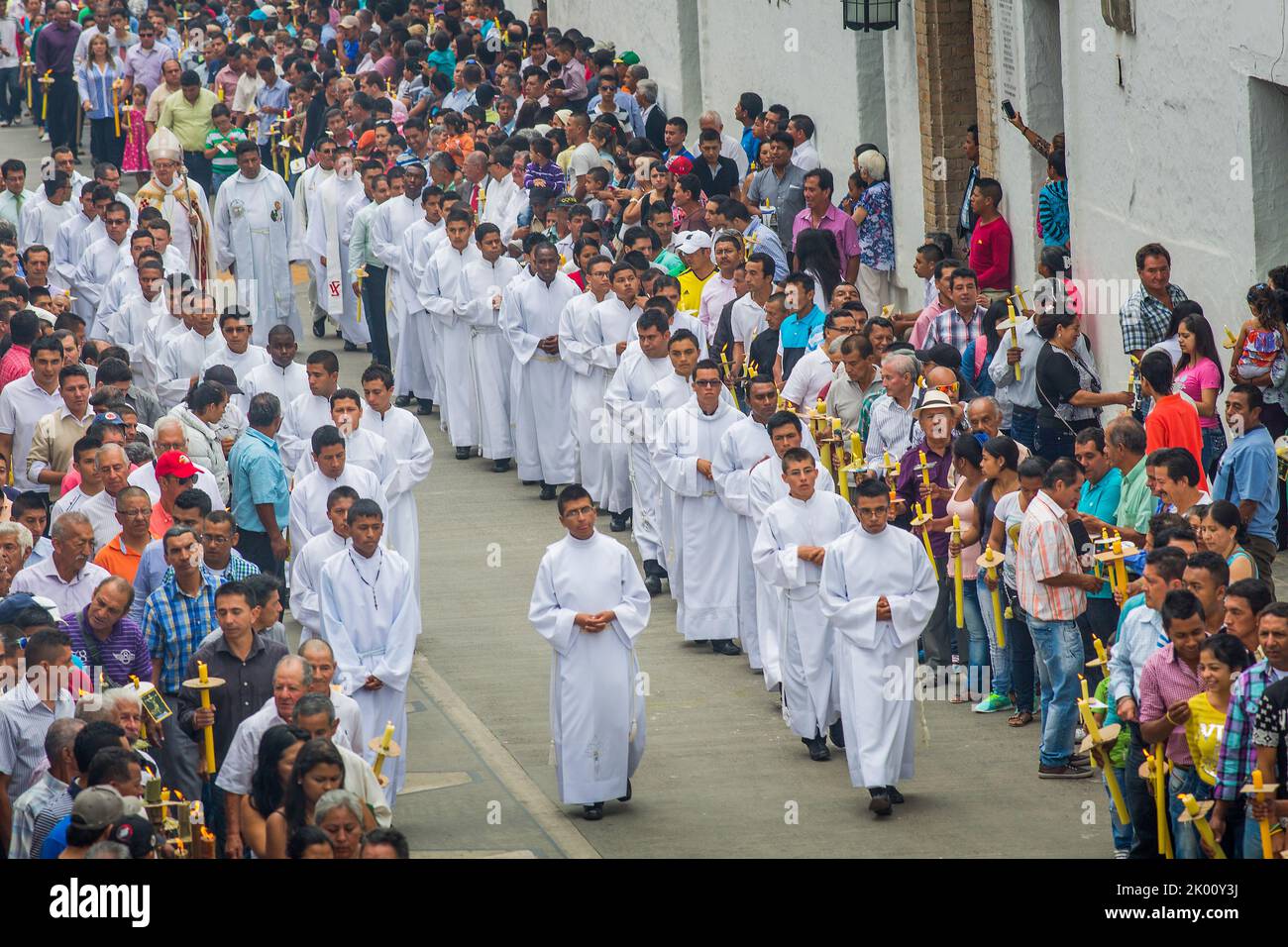 Colombia, Papayan,a week before may 1, women bring the statue of christ ...