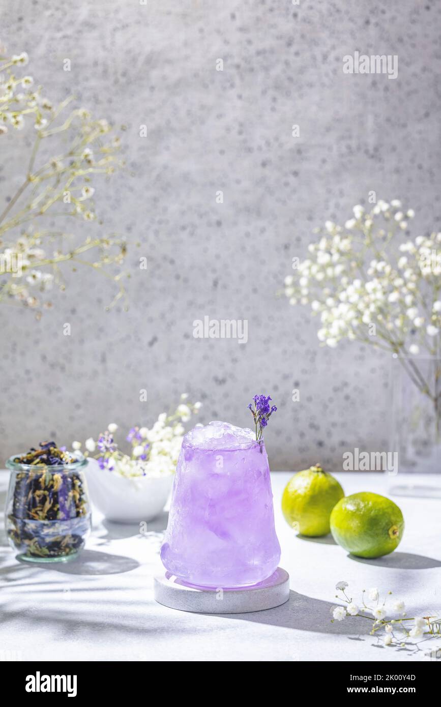 Lavender Gin and Tonic Punch Cocktail. Elegant glass filled with violet ...