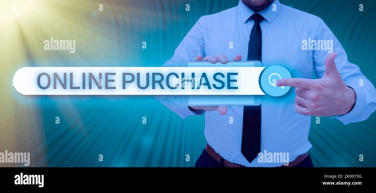 Hand writing sign Online PurchasePurchases electronic commerce goods ...