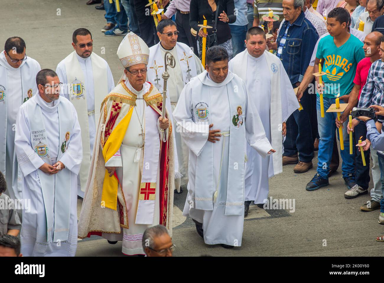 Colombia, Papayan,a week before may 1, women bring the statue of christ ...
