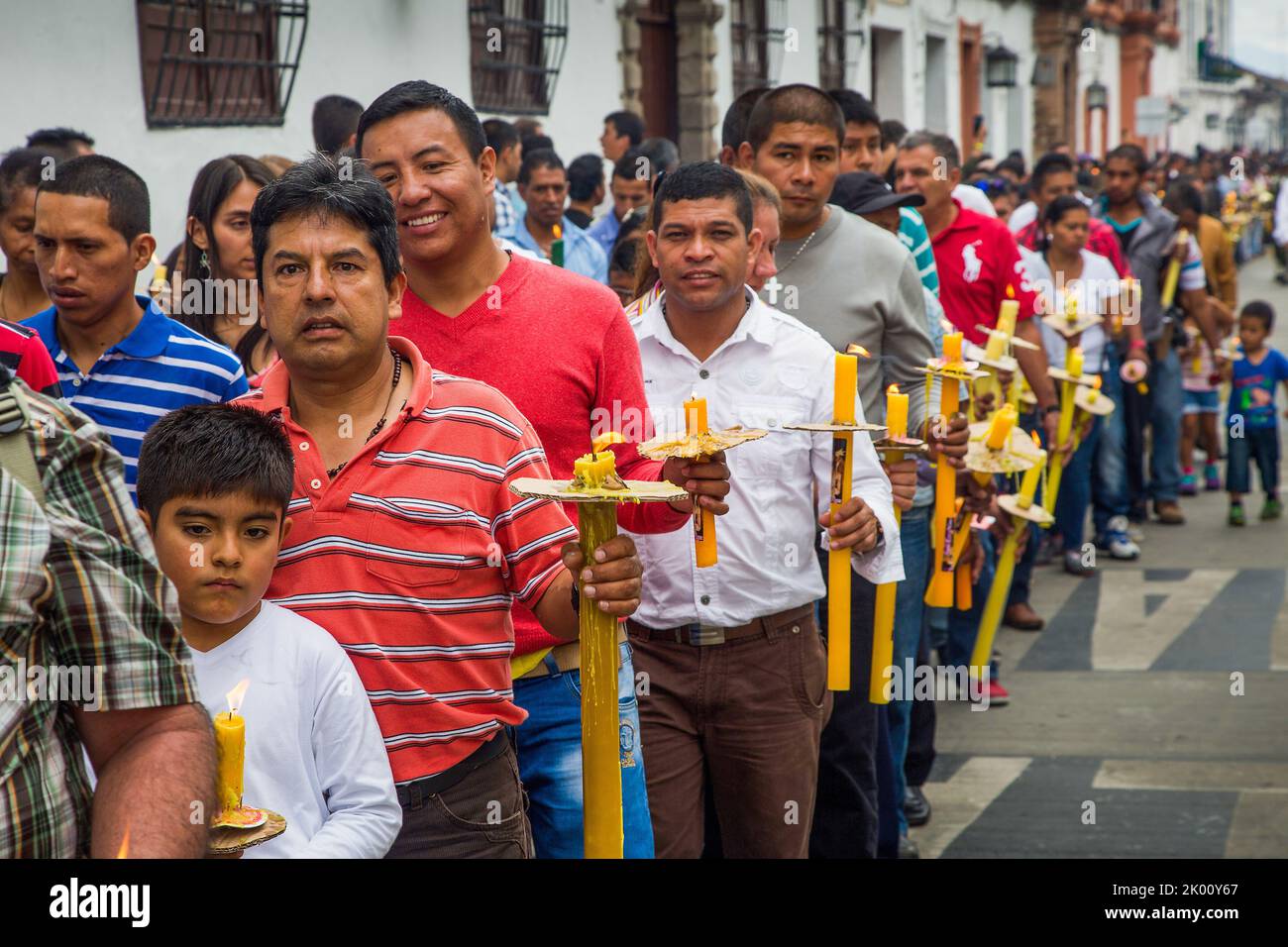 Colombia, Papayan,a week before may 1, women bring the statue of christ ...