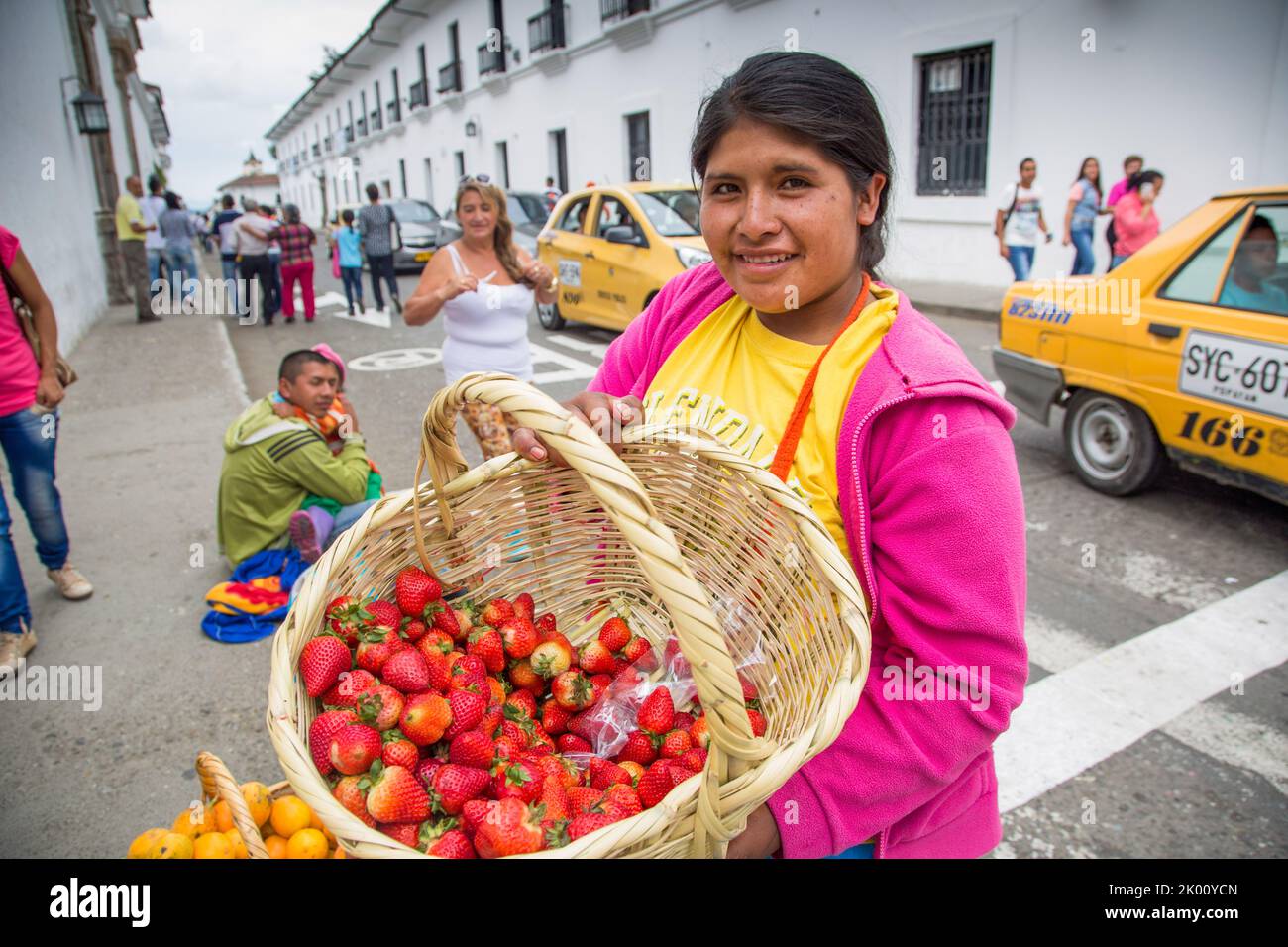 Colombia, Papayan,woman is selling strawberries on the street Stock ...