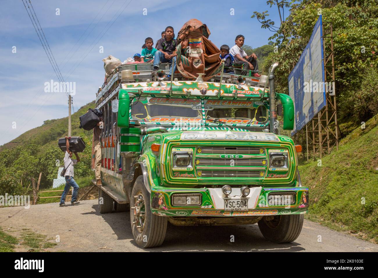 Colombia, San Andres de Pisimbala, a Chiva is a big colorfull bus, open ...