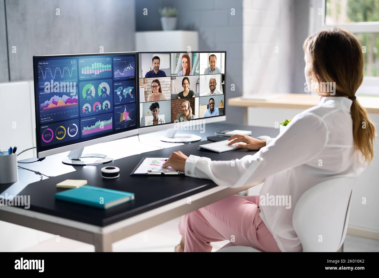 Online Video Conference Virtual Meeting On Multiple Screens Stock Photo ...