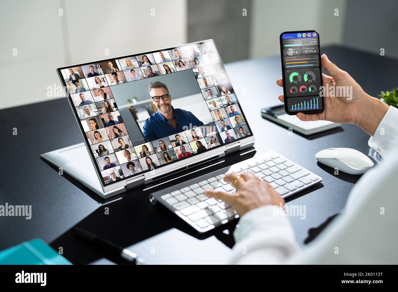 Online Video Conference Virtual Meeting On Multiple Screens Stock Photo ...