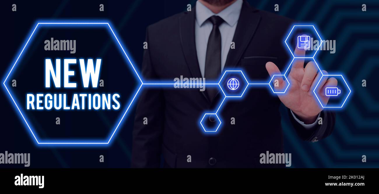 Hand writing sign New RegulationsRegulation controlling the activity ...