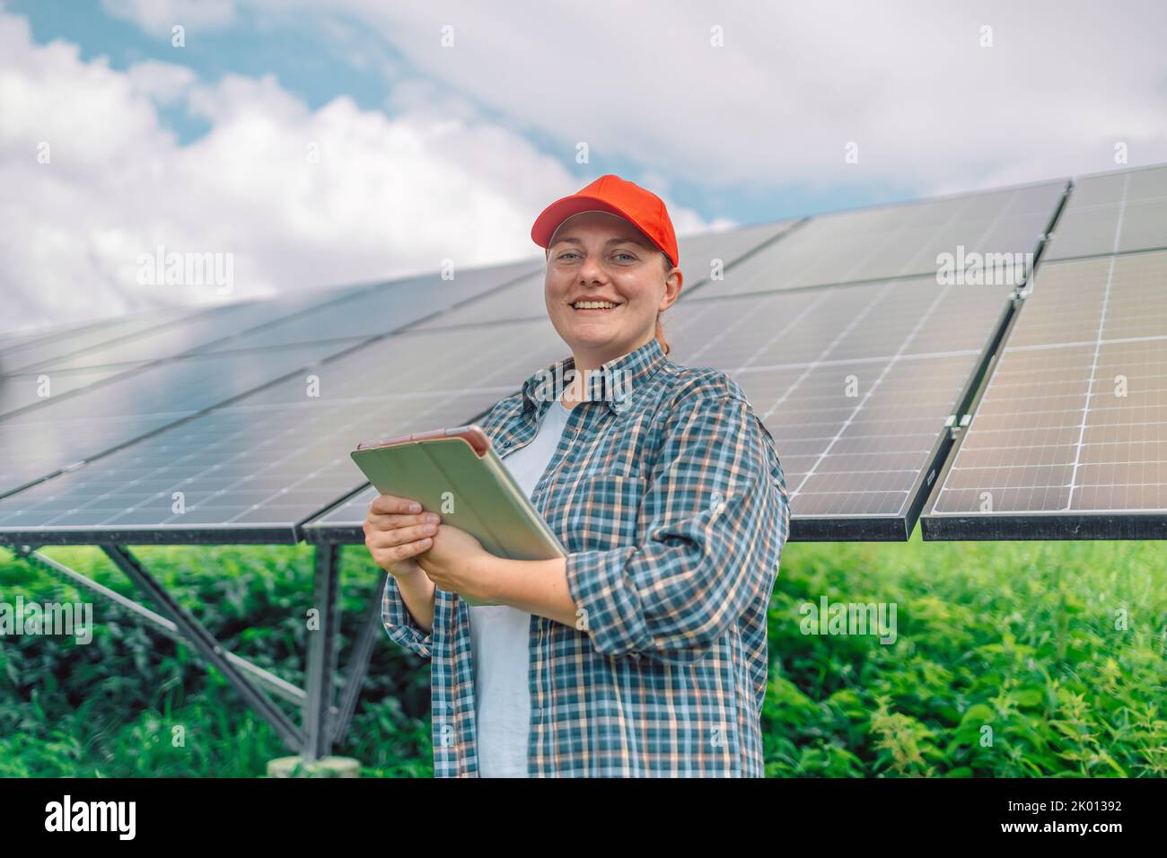 Inspector Engineer Woman Holding Digital Tablet Working in Solar Panels ...
