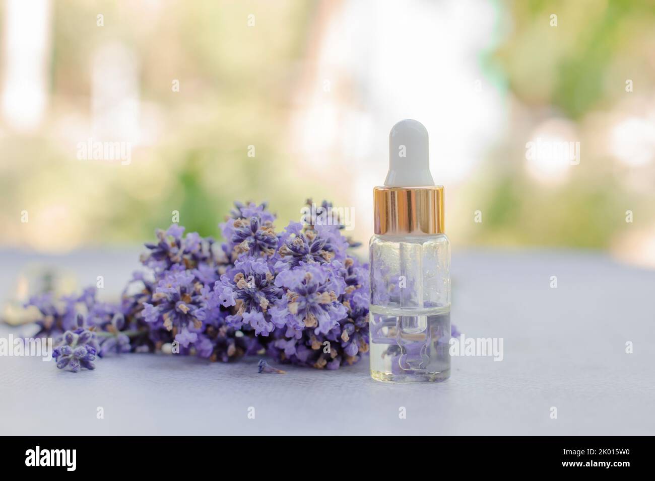 Transparent bottle with lavender oil and fresh lavender flowers Stock ...