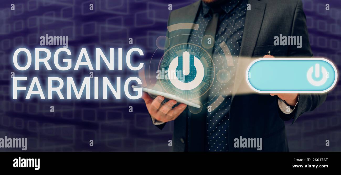 Hand writing sign Organic Farmingan integrated farming system that ...