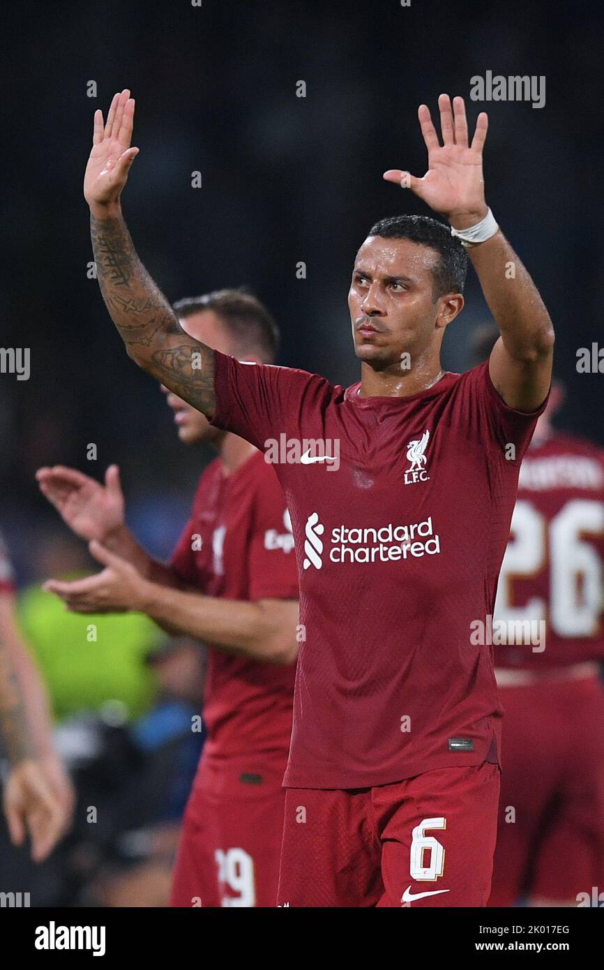 Naples, Italy. 07th Sep, 2022. Thiago Alcantara of Liverpool FC greets ...