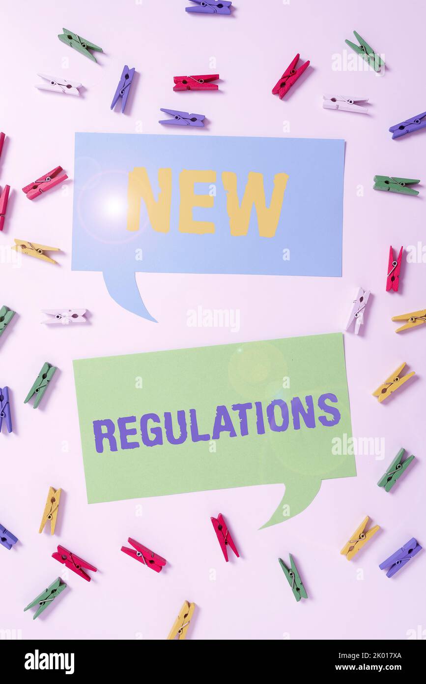 Hand writing sign New RegulationsRegulation controlling the activity ...