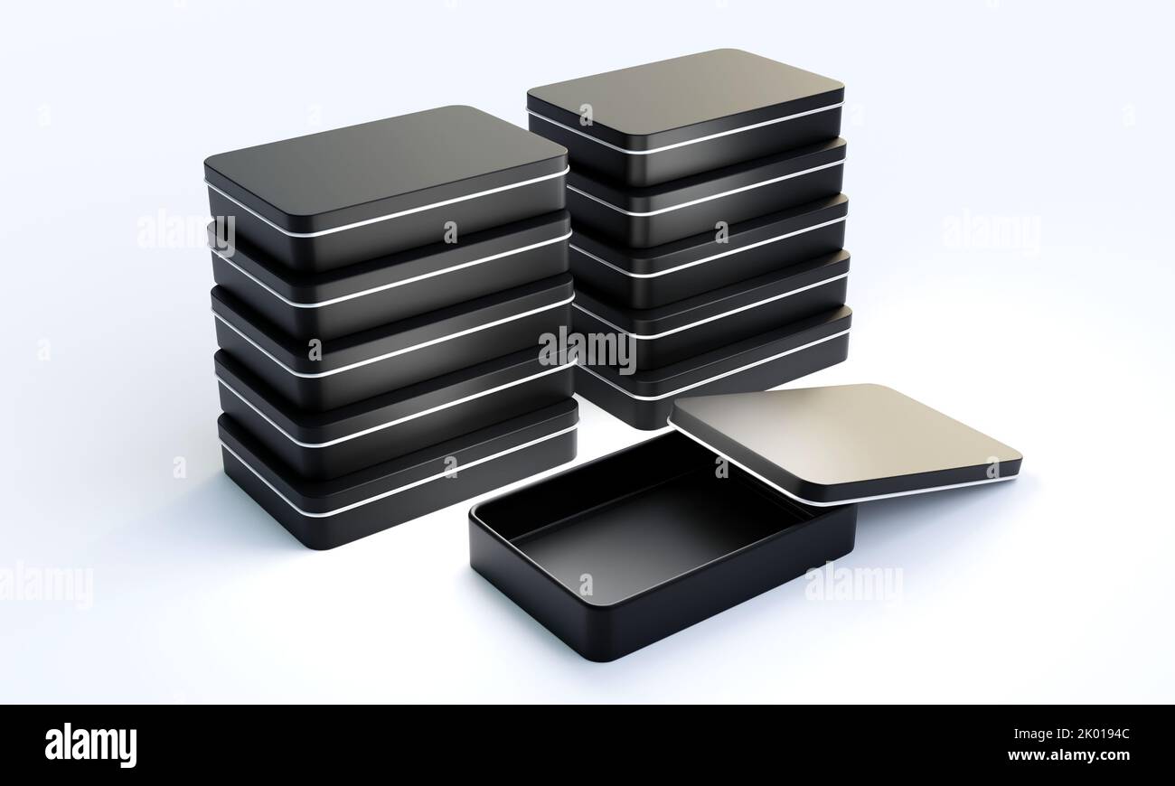 3D rendering of square shaped Tin box on white background Stock Photo ...