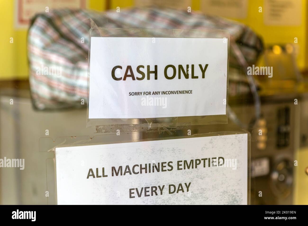 Cash Only sign on window of launderette, Lowestoft, Suffolk, England ...
