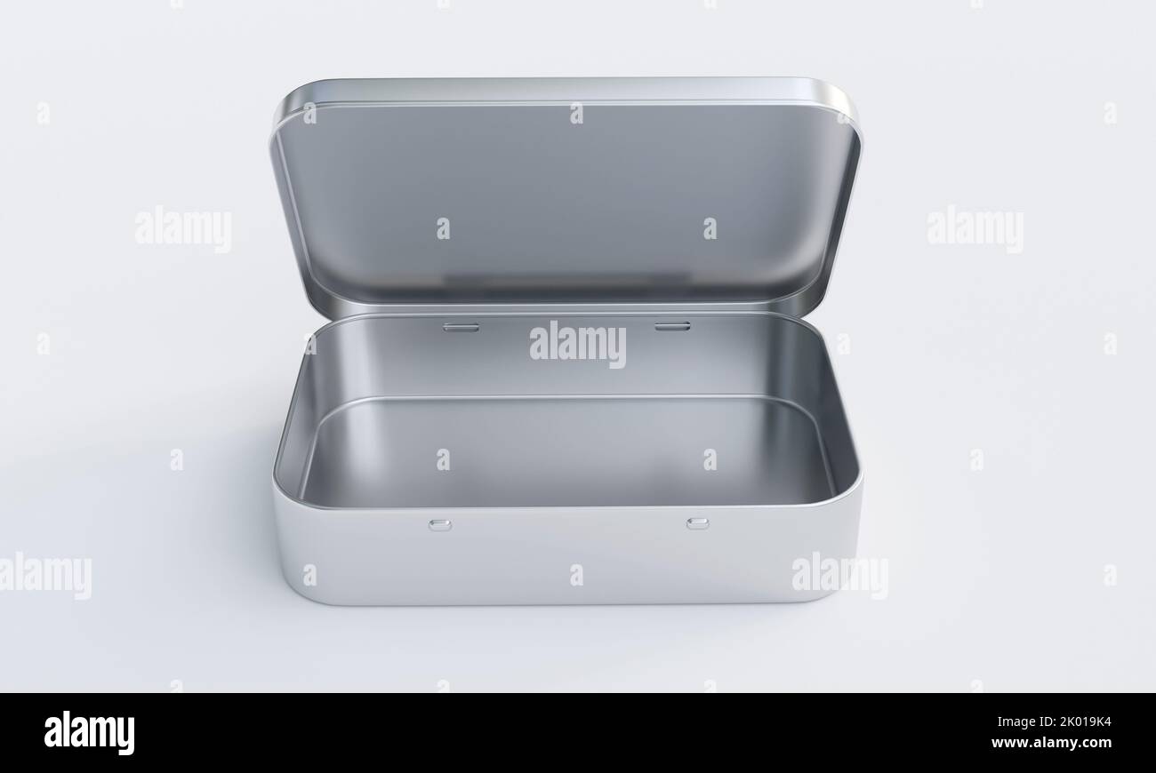3D rendering of square shaped Hinged Tin box on white background Stock ...