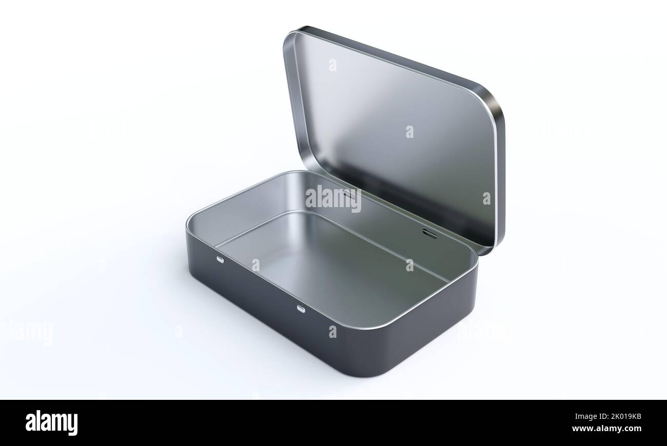 3D rendering of square shaped Hinged Tin box on white background Stock ...