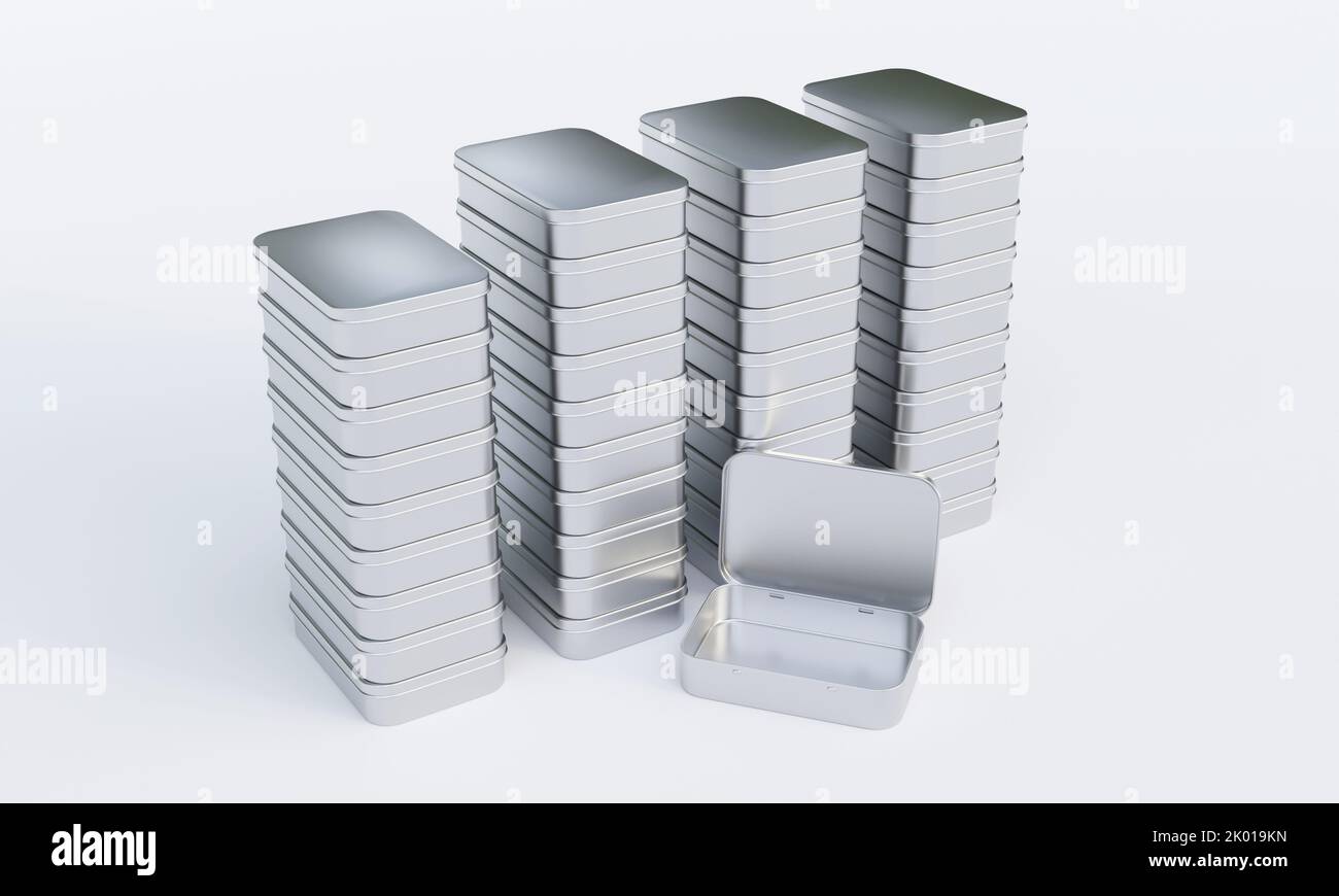 3D rendering of square shaped Hinged Tin box on white background Stock ...
