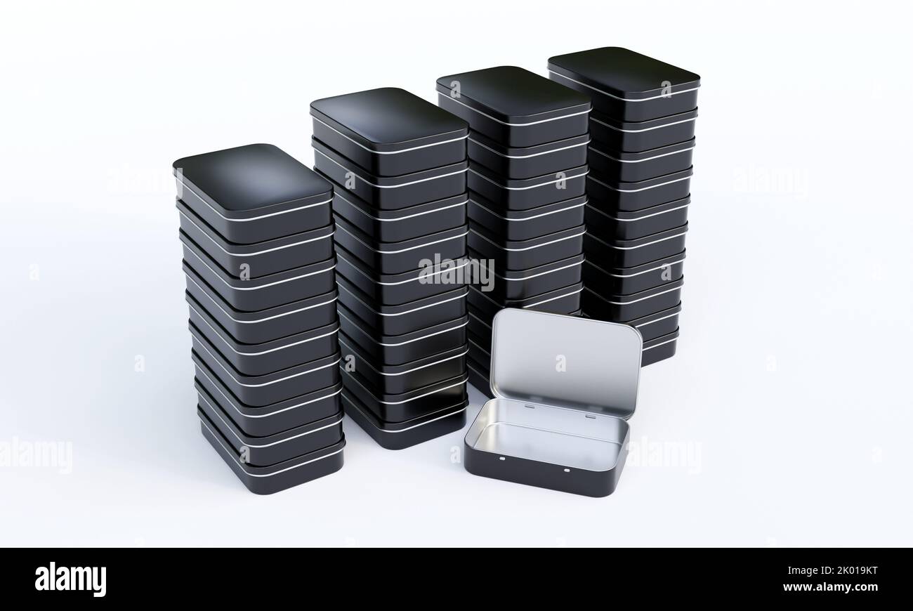 3D rendering of square shaped Hinged Tin box on white background Stock ...
