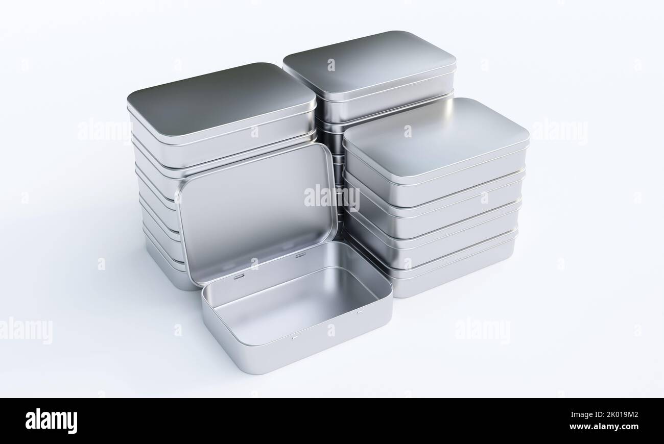 3D rendering of square shaped Hinged Tin box on white background Stock ...