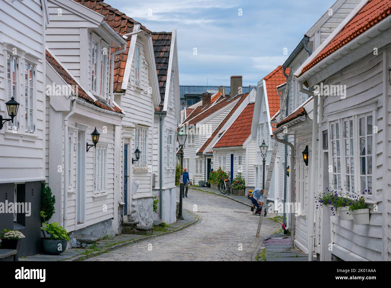 Gamle Stavanger, an historic area of the old city with restored white ...