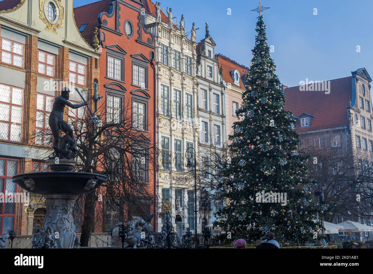 Christmas tree next to fountain of Neptune in Gdansk city Stock Photo ...