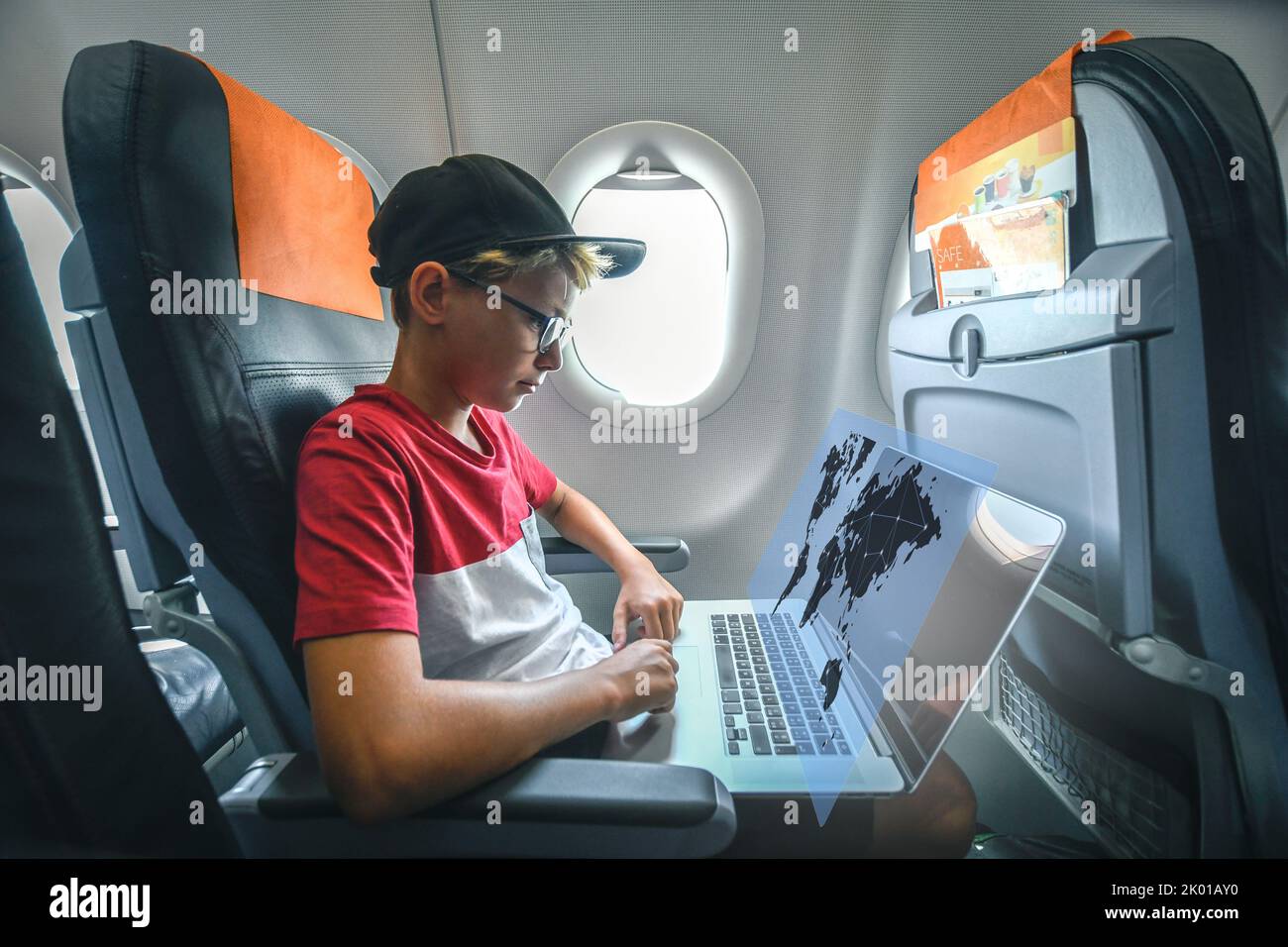 Travel in airplane concept. Teen planning vacation trip flying. Boy ...
