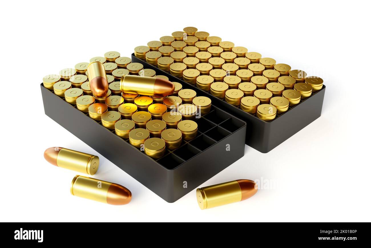 3D Rendering of 9mm bullets with box isolated on white background Stock ...