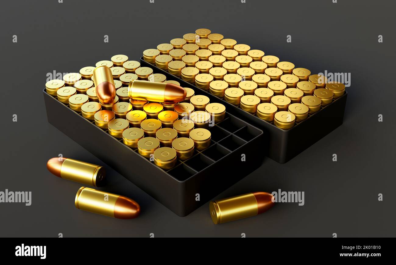 3D Rendering of 9mm bullets with box isolated on white background Stock ...