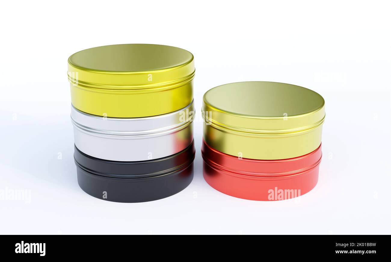Round tin boxes isolated on white background. 3D Rendering Stock Photo ...