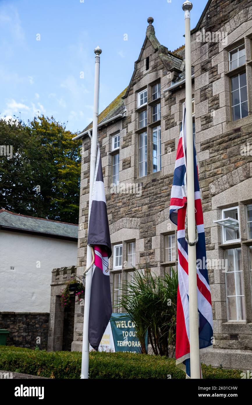 Camborne,Cornwall,UK,9th September 2022,Union Jack Flag flying at half ...