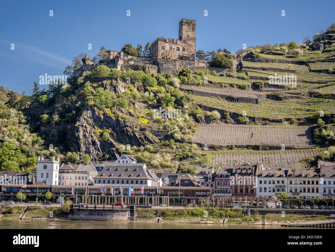 The town of Kaub with Gutenfels Castle on the hill above Stock Photo ...