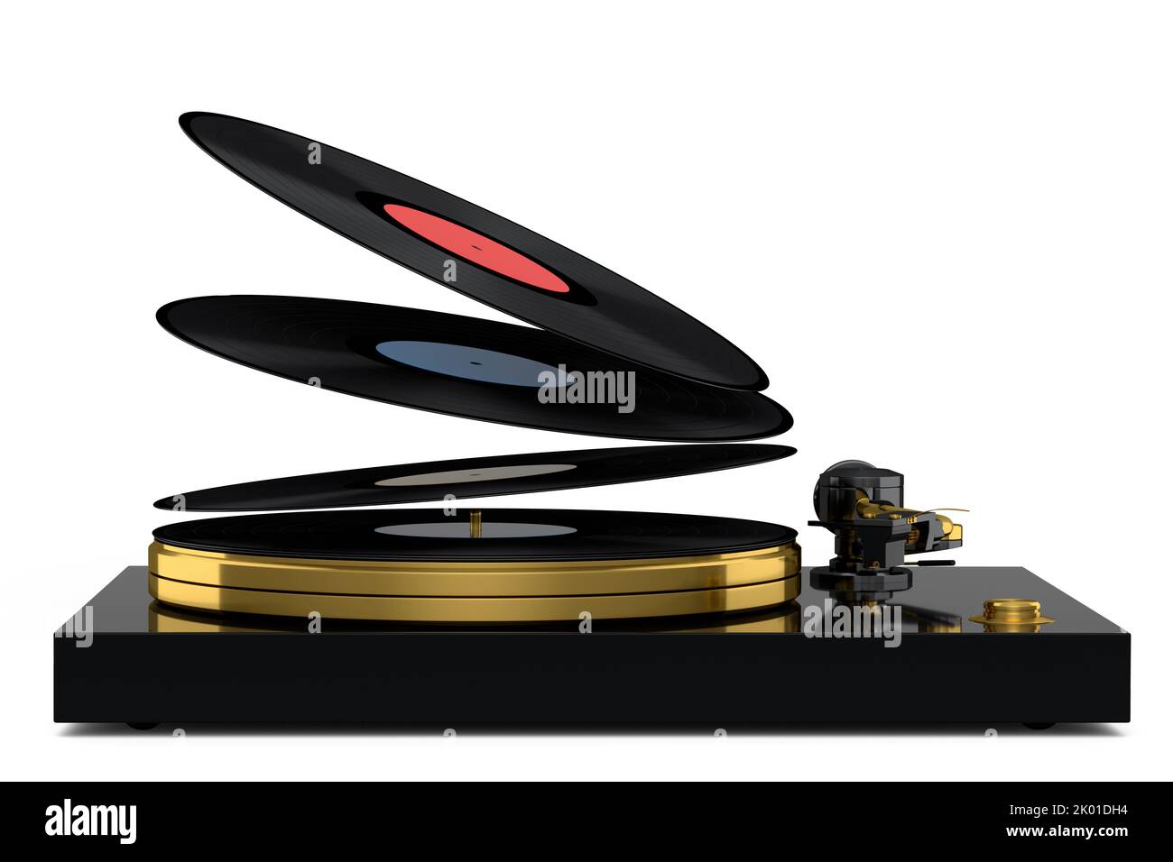 Vinyl record player or DJ turntable with flying vinyl plate on white ...