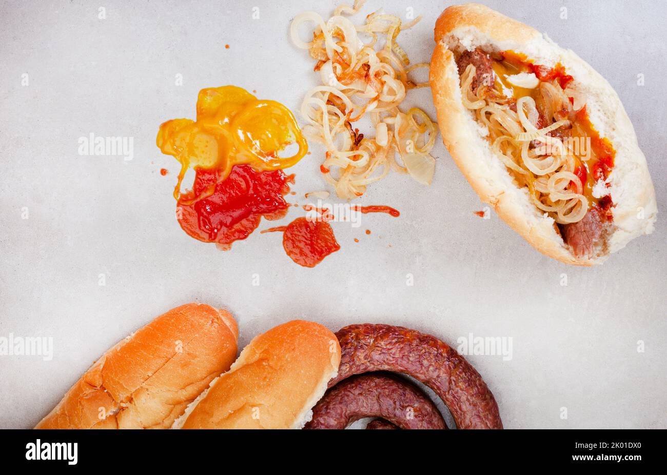 South African famous boerewors roll, flat lay with ingredients and copy ...