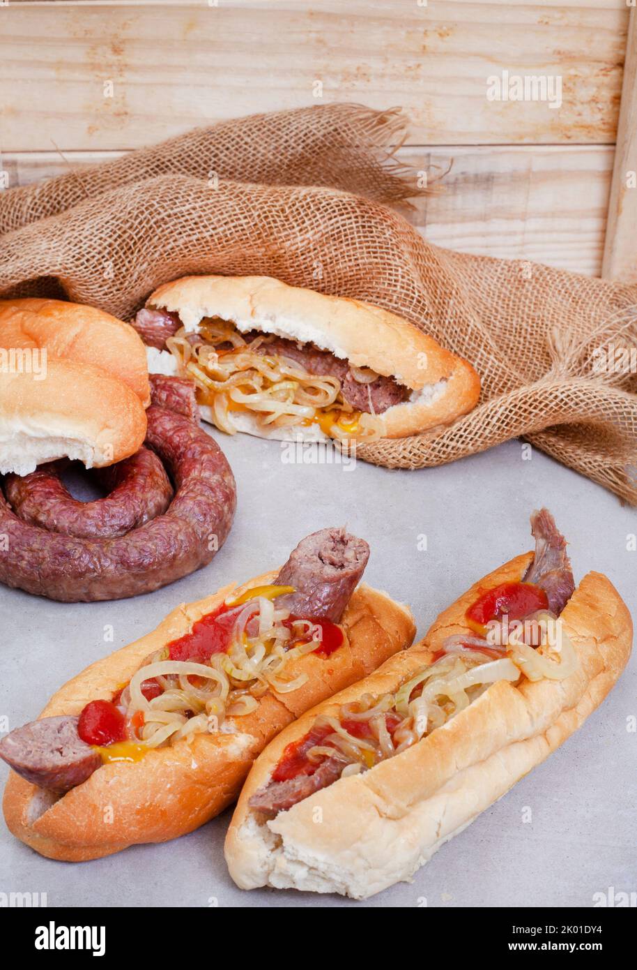 South African famous boerewors roll, flat lay with ingredients and copy ...