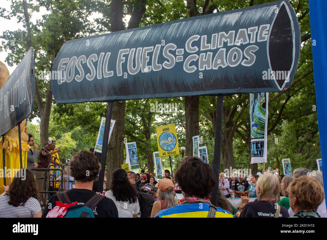 Washington, D.C. - September 8, 2022: A large sign over the protest ...