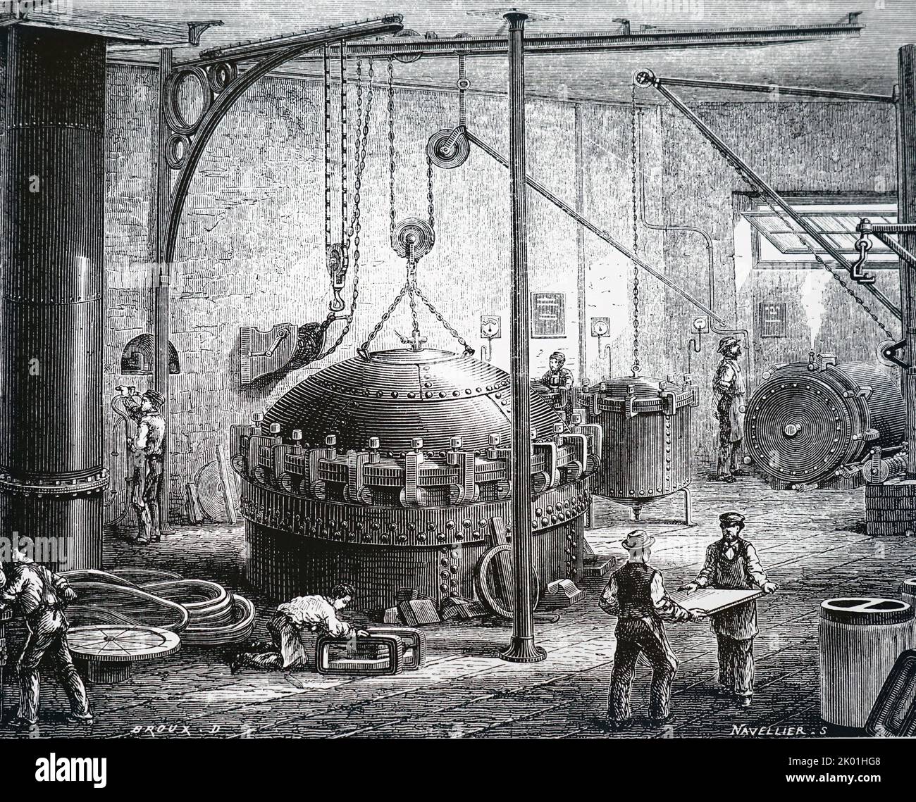 Cauldrons for the steam vulcanization of rubber. From Louis Figuier Les ...