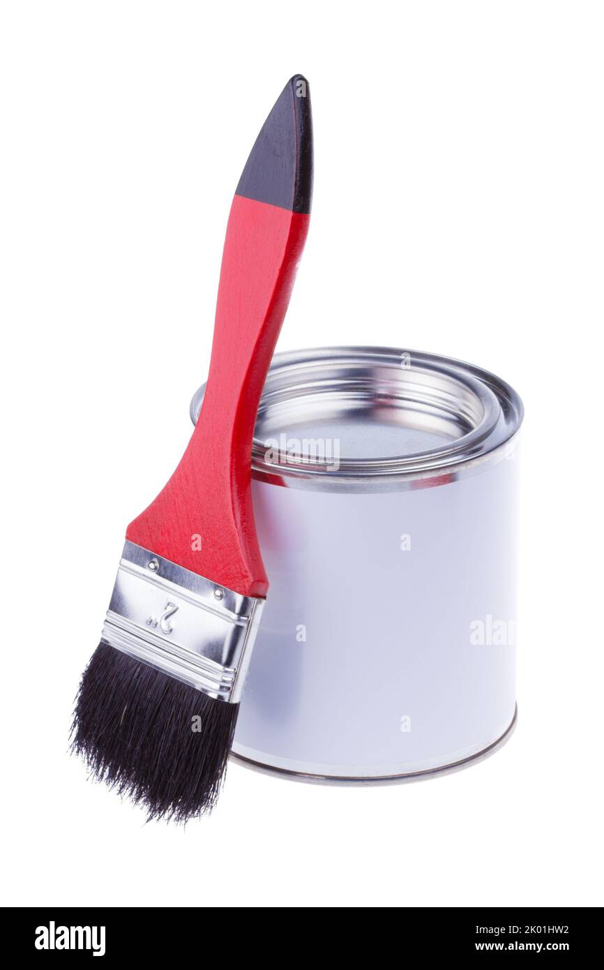 Generic white tin can with paint and a flat brush for painting walls ...